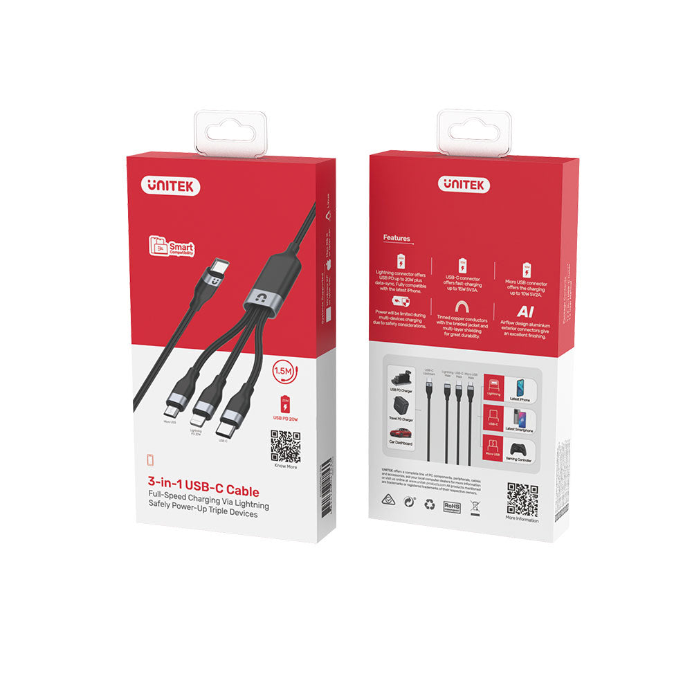 UNITEK C14101BK 1.5M 3-IN-1 TYPE-C TO LIGHTNING / TYPE-C / MICRO USB M