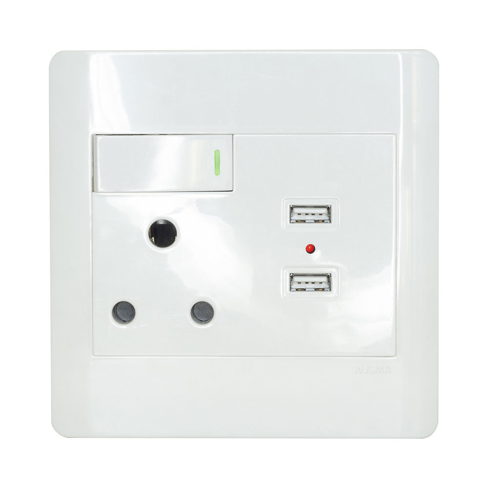 SINGLE WALL SOCKET WITH 2X USB CHARGING PORTS - 1X 16A SA